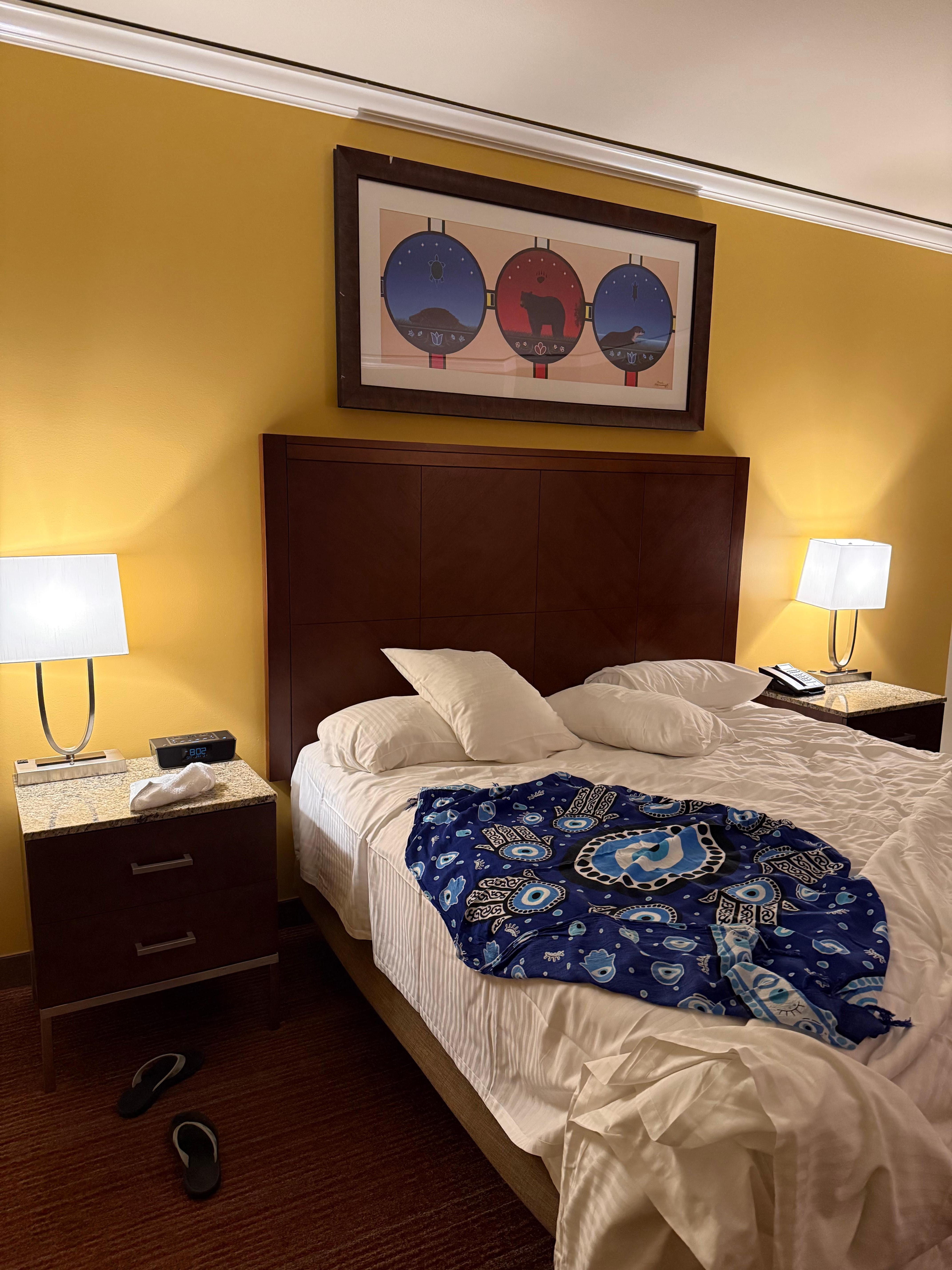 Comfy bed and beautiful artwork