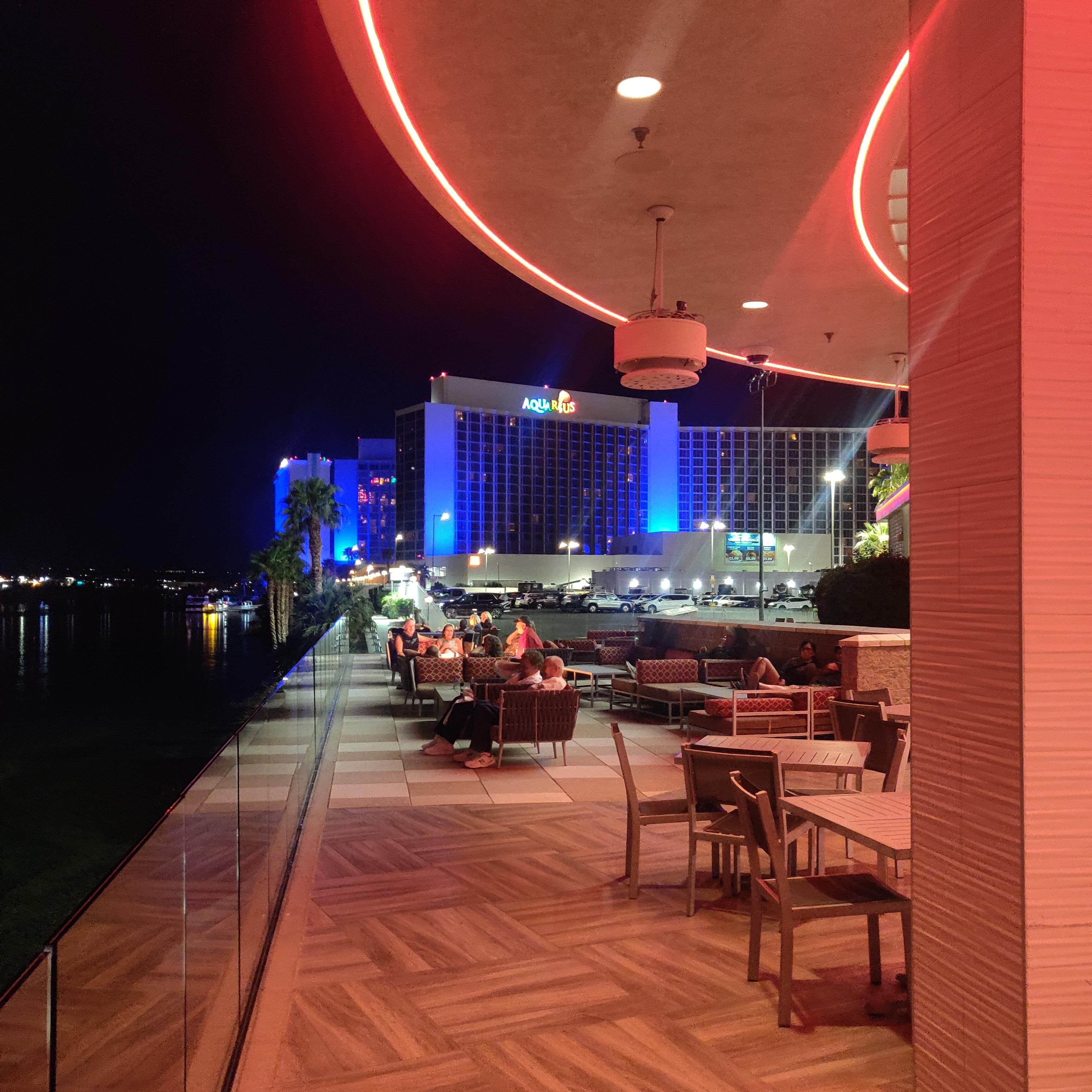 Pool area at night and view at Havasu from pizza place.