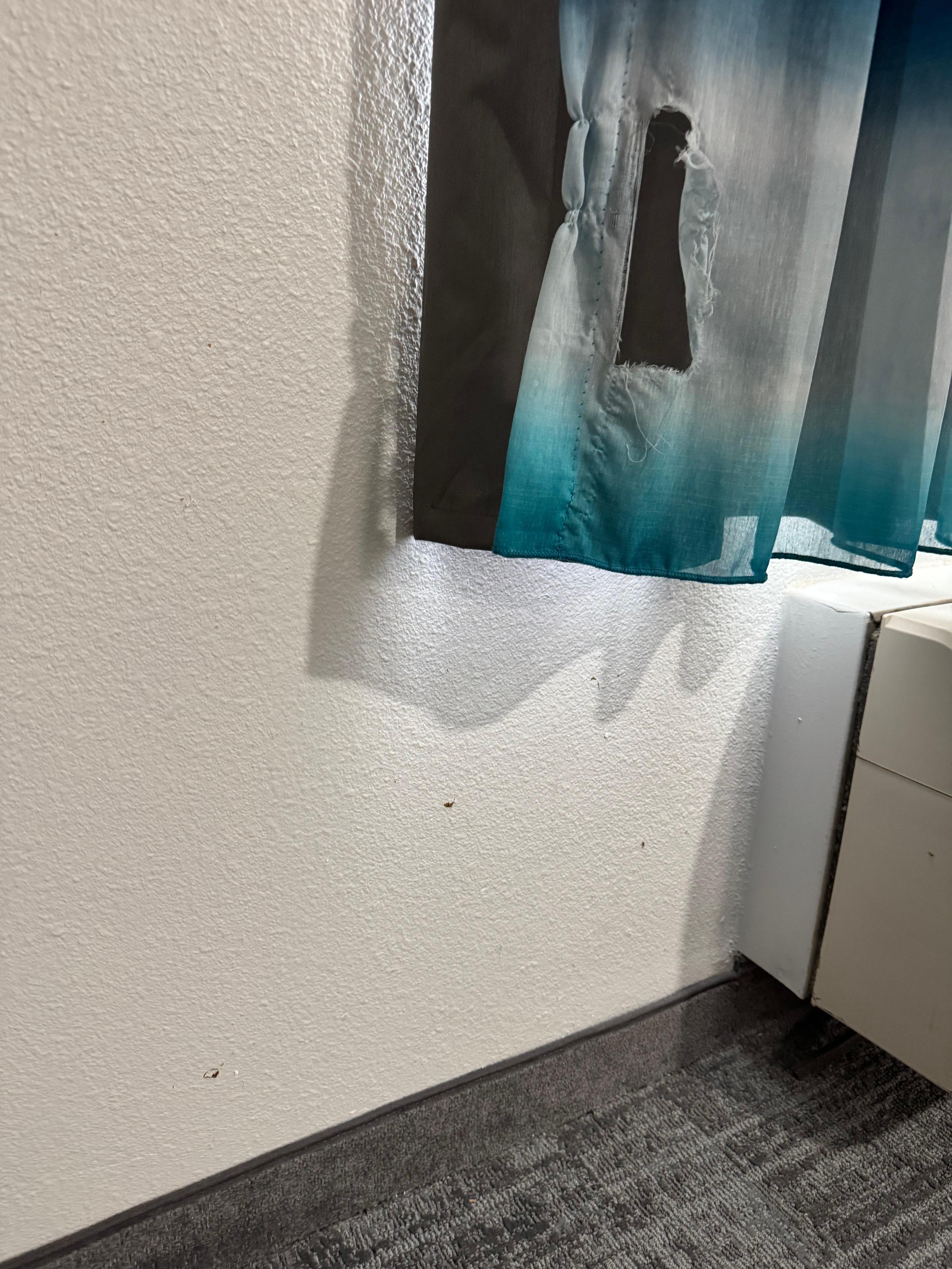Curtain was torn and halfway coming down